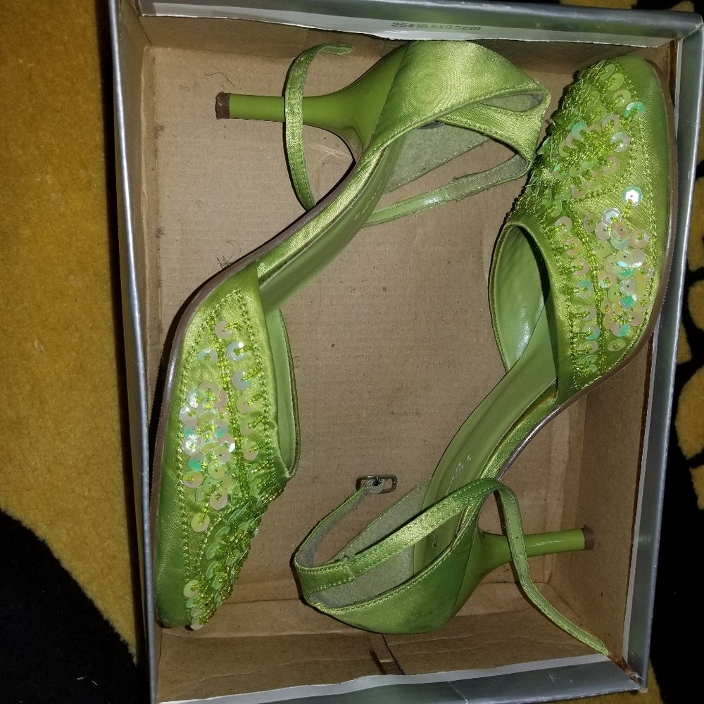 Vintage, Lime Green Satin & Sequence Heels. (7) - Gem